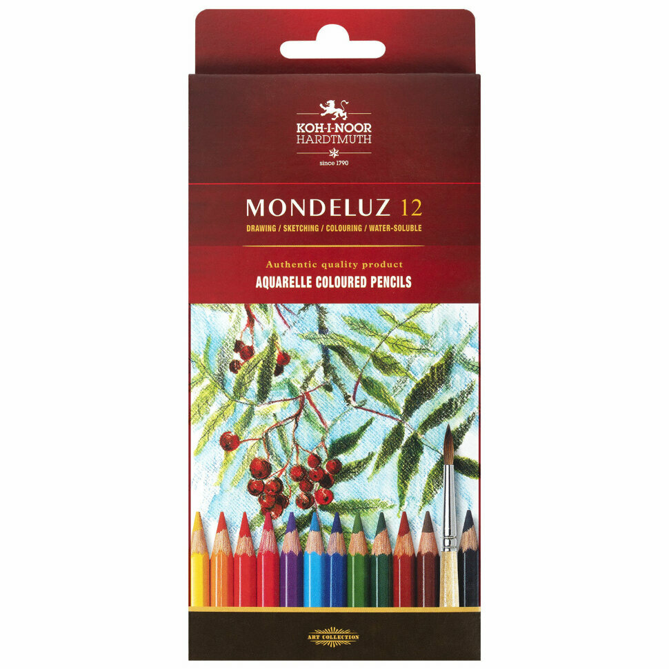 Карандаши цветные акварельные художественные KOH-I-NOOR "Mondeluz", 12 цветов, 3,8 мм, заточенные, европодвес, 3716/12, 3716012001KSRU, 180328