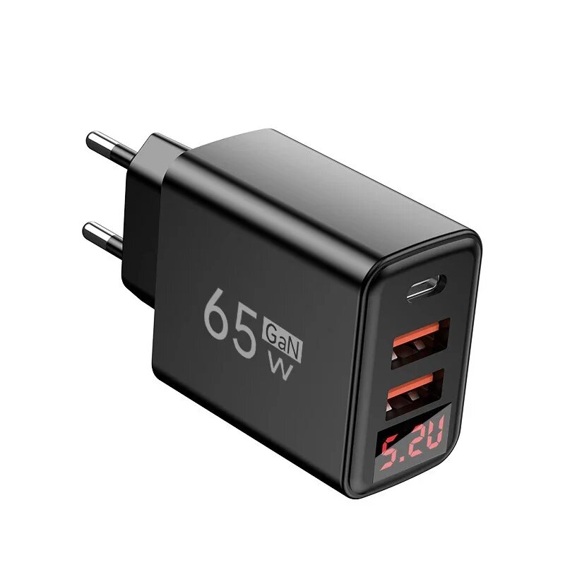 Зарядное устройство GaN 65W EU, 3 порта, дисплей, Black