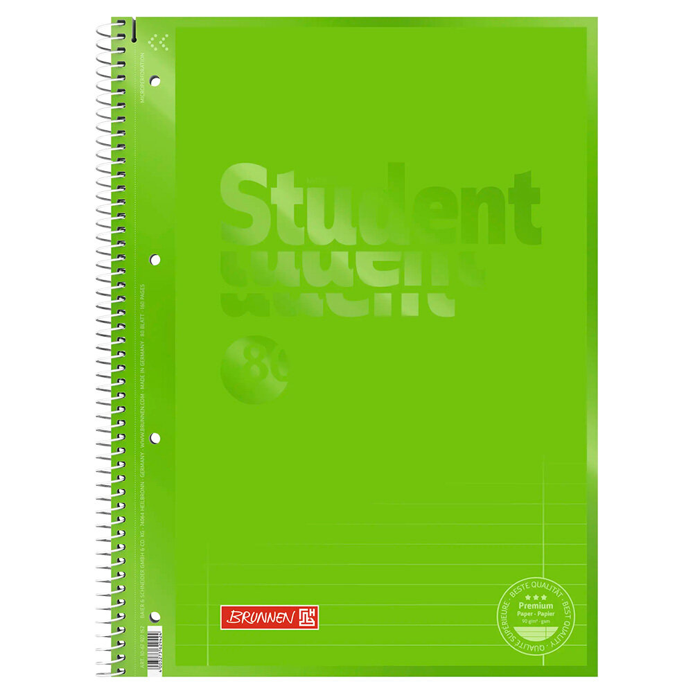 Тетрадь в линейку на пружине, А4 "Premium Colour Code", микроперфорация, 90 гр/м2, 80 листов , зелёный (киви) Brunnen (пр-во Германия)