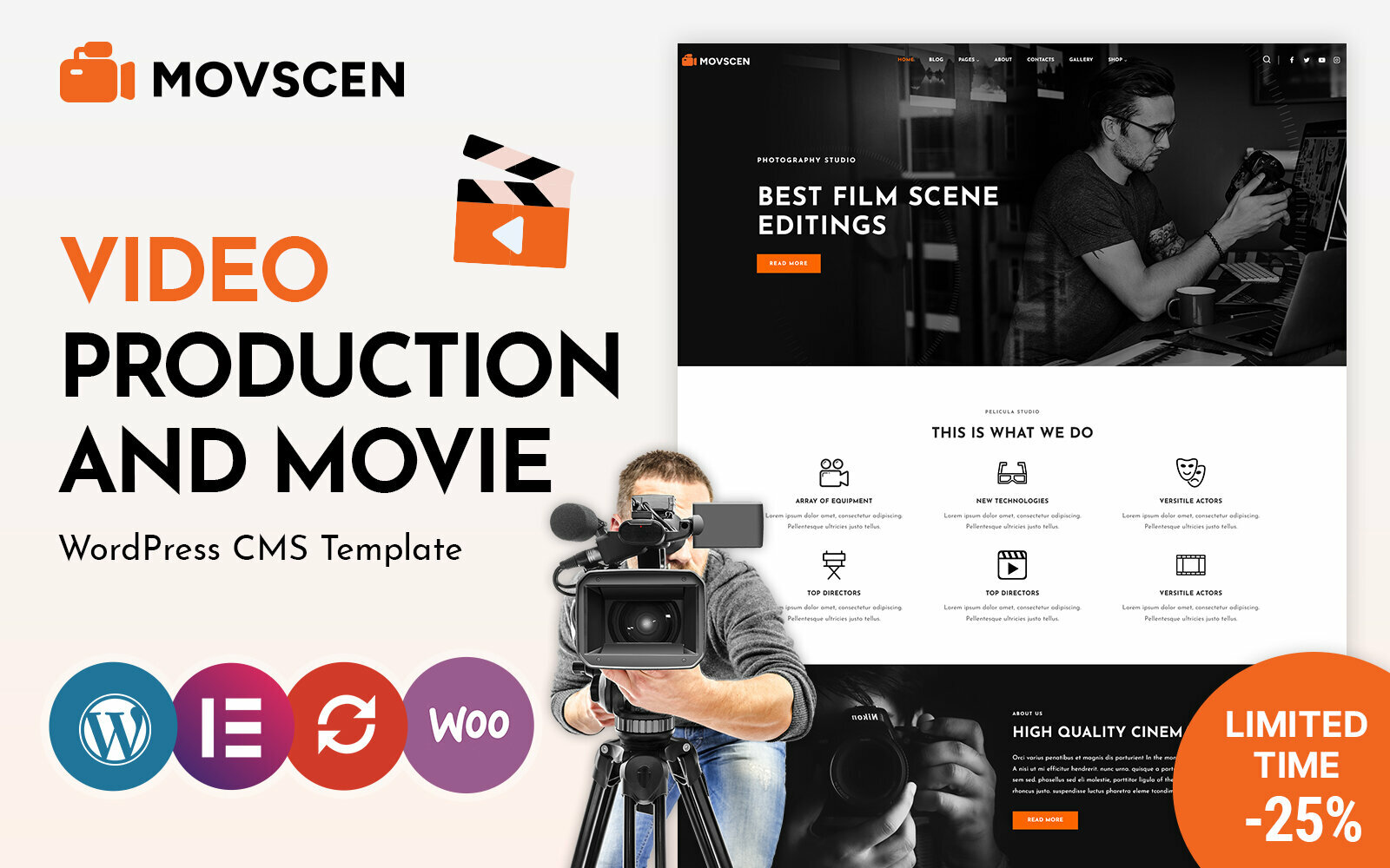 Подарочный сертификат на Шаблон для сайта Вордпресс с демоконтентом Movscen - Movie Studios and Filmmakers WordPress theme WordPress Theme