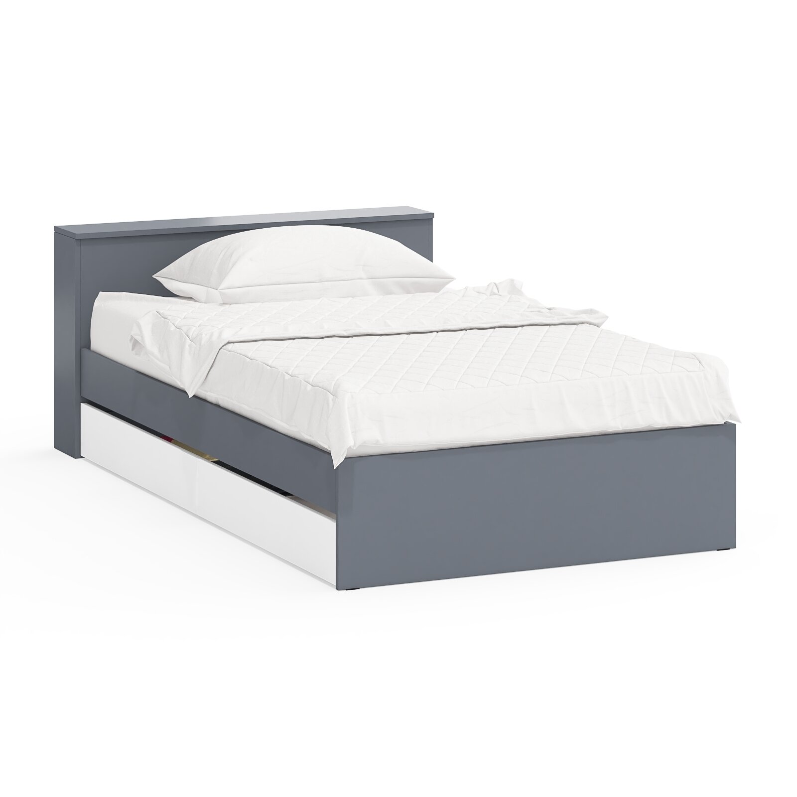 Кровать Ксения СВК 1200 с ящиками и ящиком для хранения, цвет графит/белый, ШхГхВ 126,4х221,6х72 см.