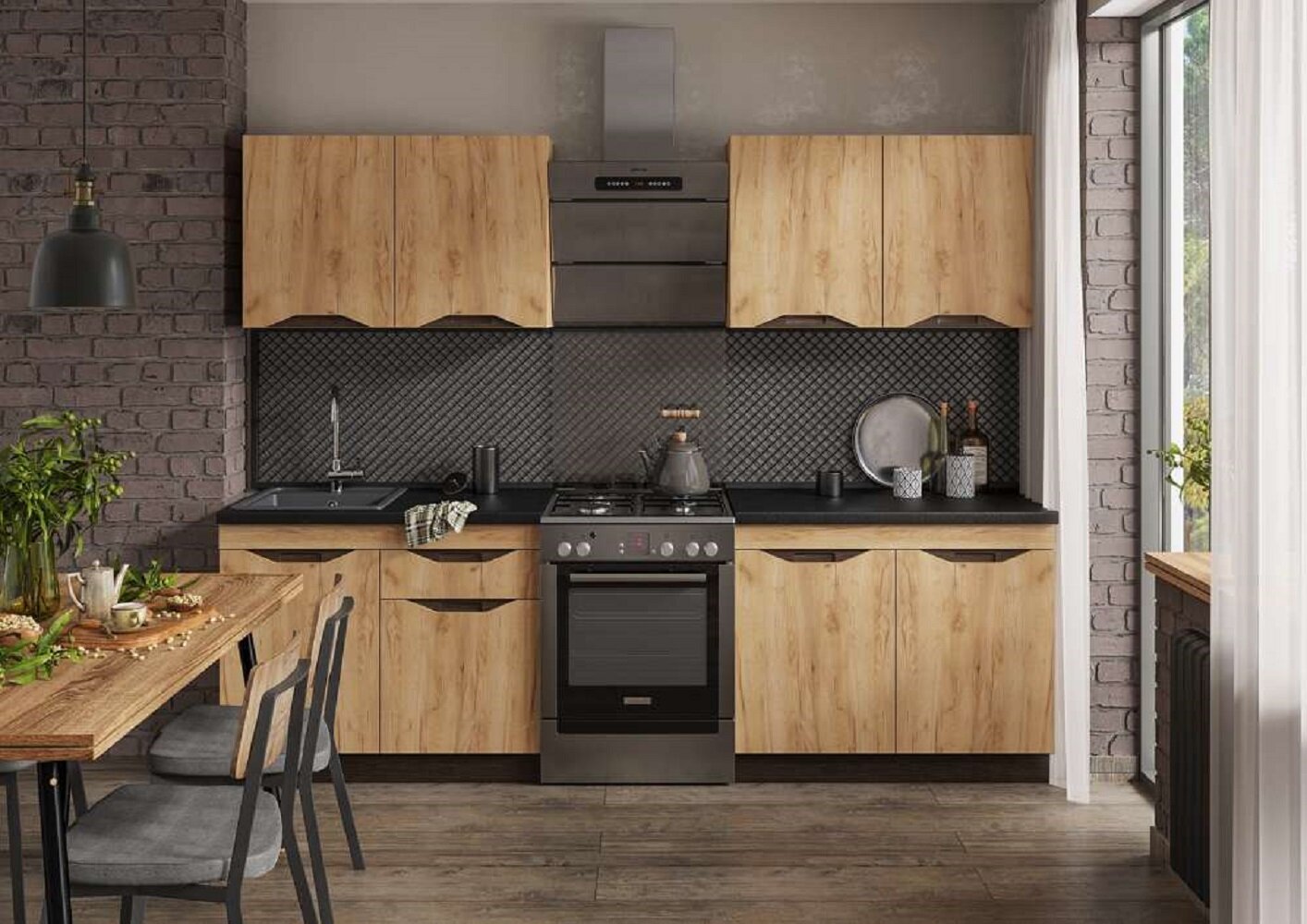 Кухонный гарнитур Паола 200х216х60 см, цвет венге/дуб крафт золото