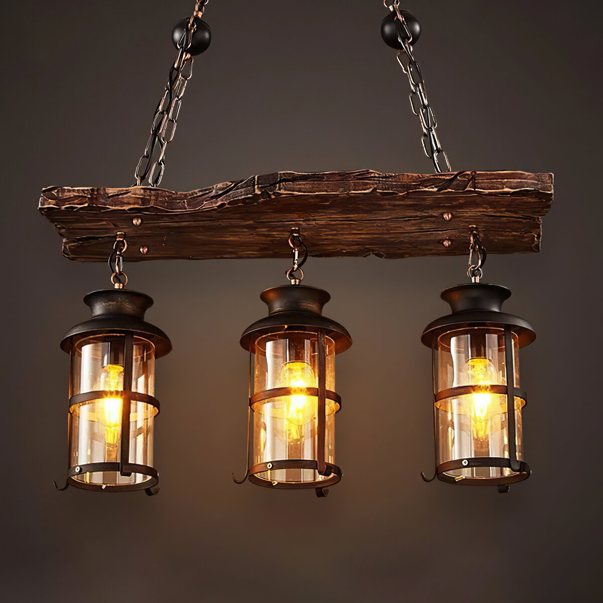 Потолочная люстра на деревянной основе в стиле лофт, Модерн и пр. , 3 фонаря