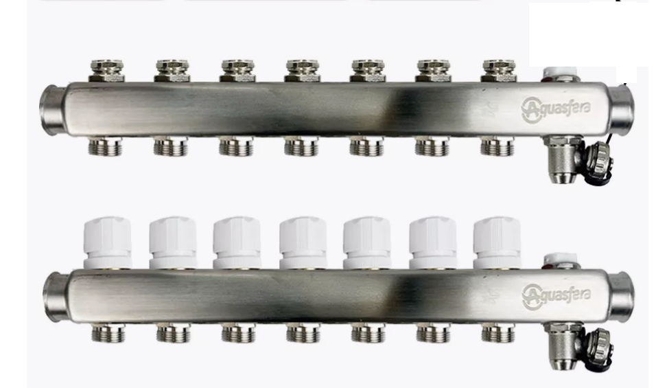 AQUASFERA 9502-06 (129-6959), Коллекторная группа из нержавеющей стали, 1'мм, 7 выходов, 3/4", евроконус, наружная гайка, выпускной клапан