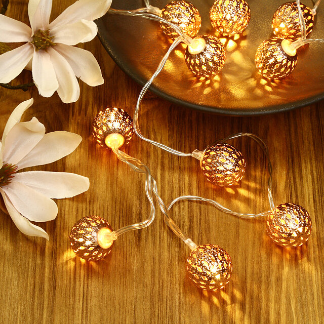 Светодиодная гирлянда на батарейках Шарики Ferarro Bronze 0.9 м, 10 теплых белых LED ламп, прозрачный ПВХ, IP20, Koopman, AX5099900