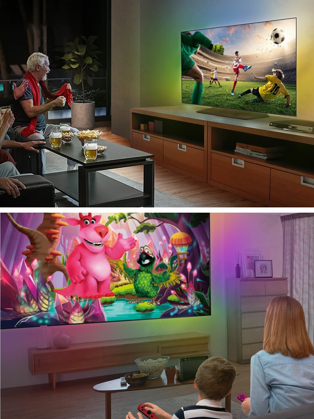 Умный комплект синхронизации атмосферных LED-подсветок экрана подходит для ТВ 55-65 дюймов. Поддерживает HDMI 1.4/2.0/2.1, включая 4K игры и фильмы, обеспечивая великолепный визуальный опыт