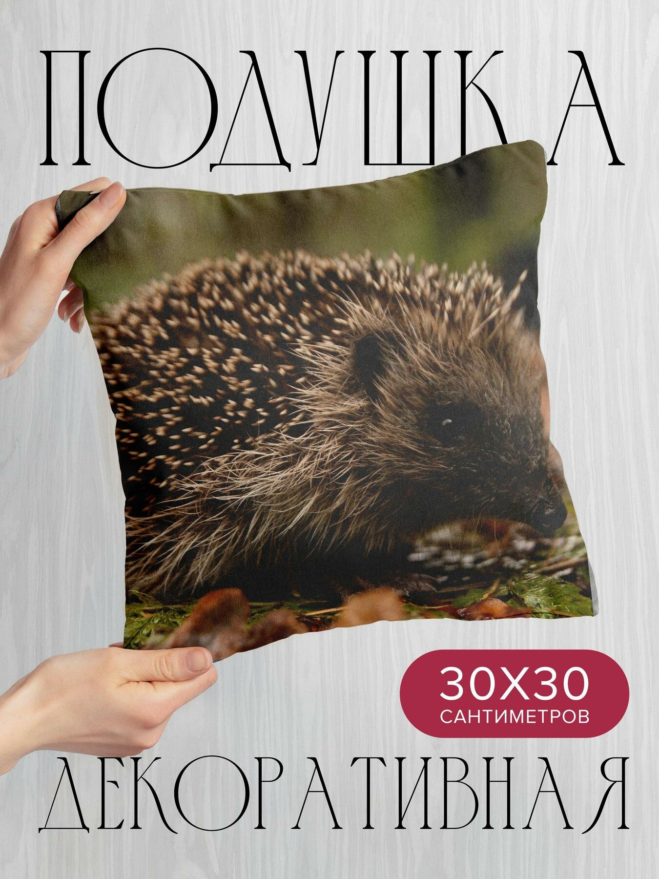 Подушка декоративная, 30x30см / Животные / еж / листья