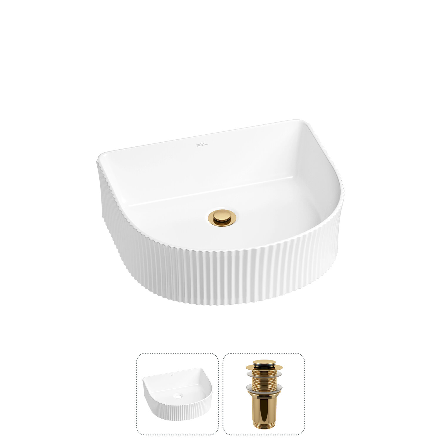 Подвесная или накладная раковина в ванную комнату Wellsee Festive Fox 20213404R в наборе 2 в 1: раковина 45 см в цвете белый глянец, донный клапан в цвете золото