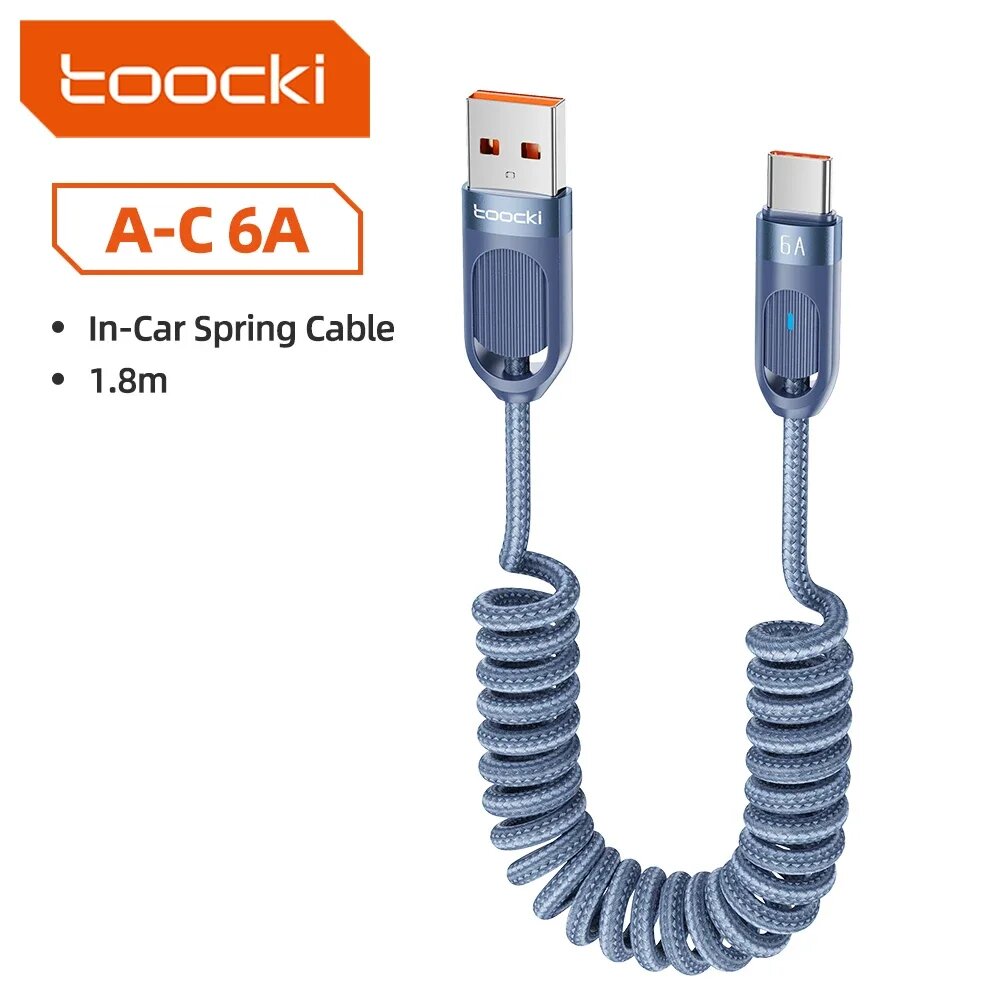 Toocki 100 Вт Телескопический кабель для быстрой зарядки с пружинным вытяжкой 6A USB Type C Кабель для передачи данных USB C Android для Samsung Xiaomi Huawei Автомобильный телефонный шнур A-C Blue