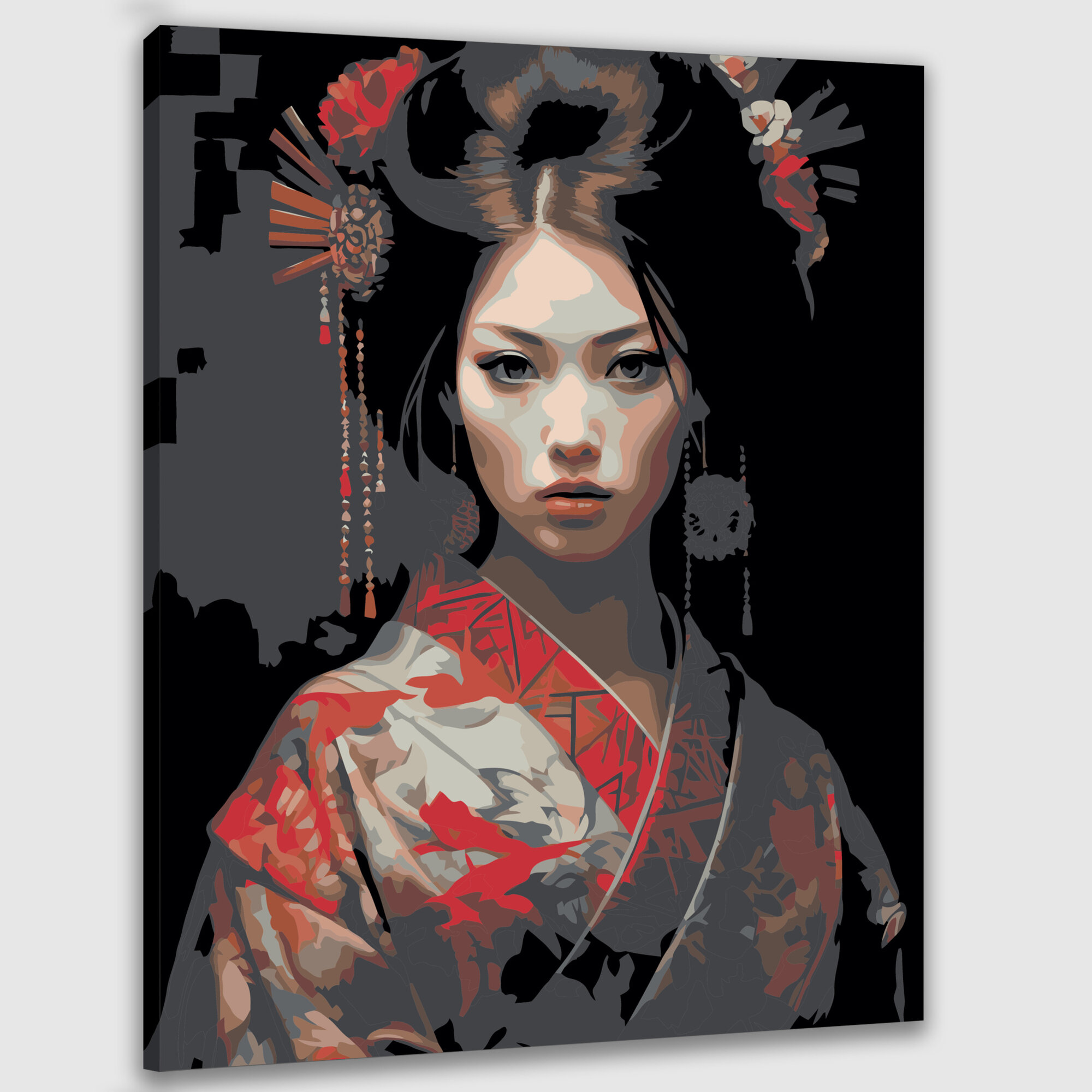 Картина по номерам 40x50 см, гейша, кимоно, узоры, цвета, текстура, масляная среда, соблазнение, очарование, мазок