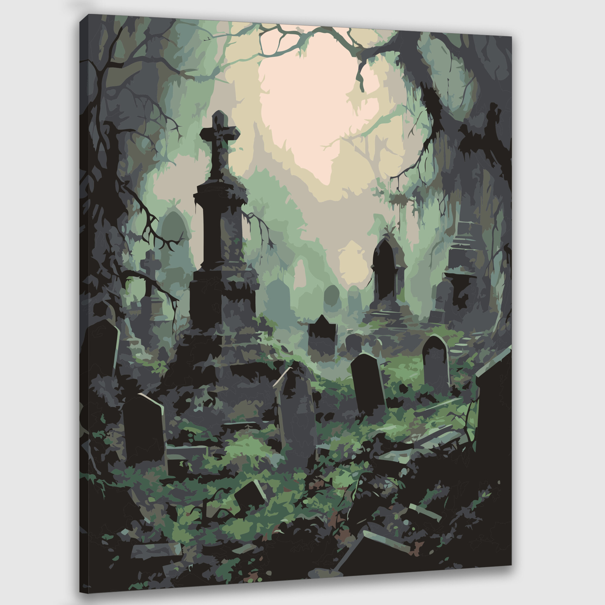 Картина по номерам 40x50 см, привидения, кладбище, надгробия, мох, плющ, туман, сияние, призрачные явления
