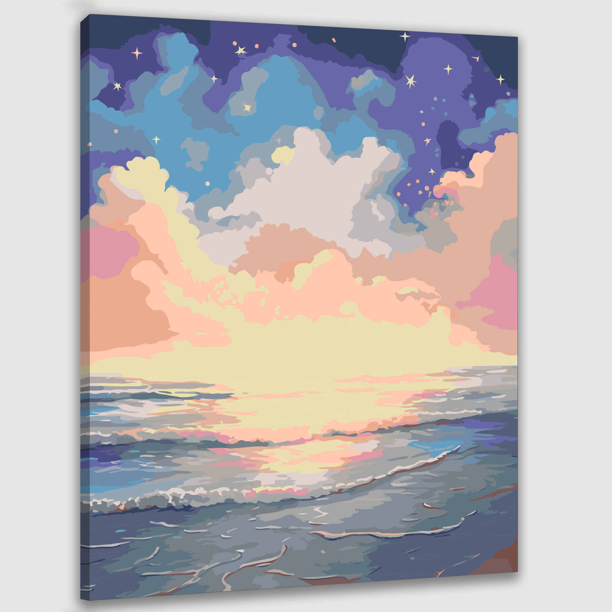 Картина по номерам 40x50 см, пляж, сумерки, морские огни, берег, волны, песок, иллюстрация, акварель, мягкое сияние