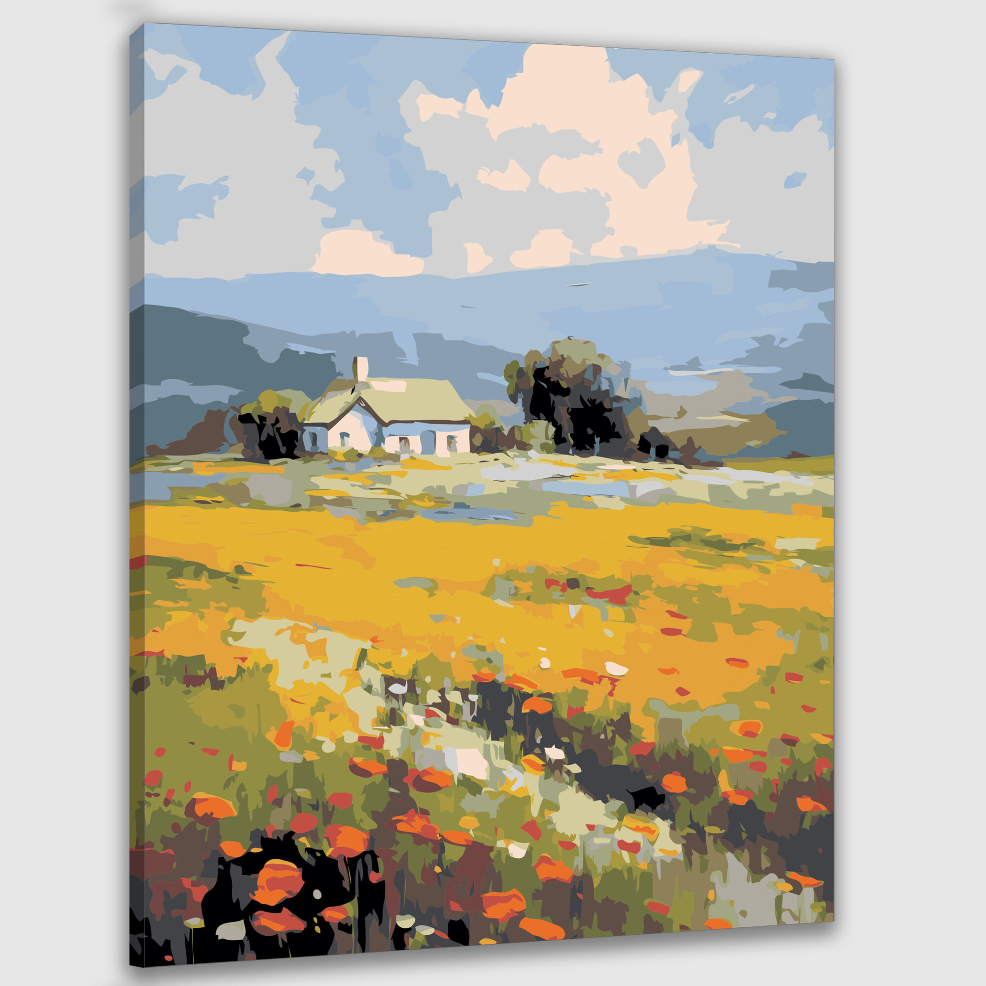 Картина по номерам 40x50 см, масляная картина, сельская местность, импрессионизм, коттедж, зеленые холмы, полевые цветы