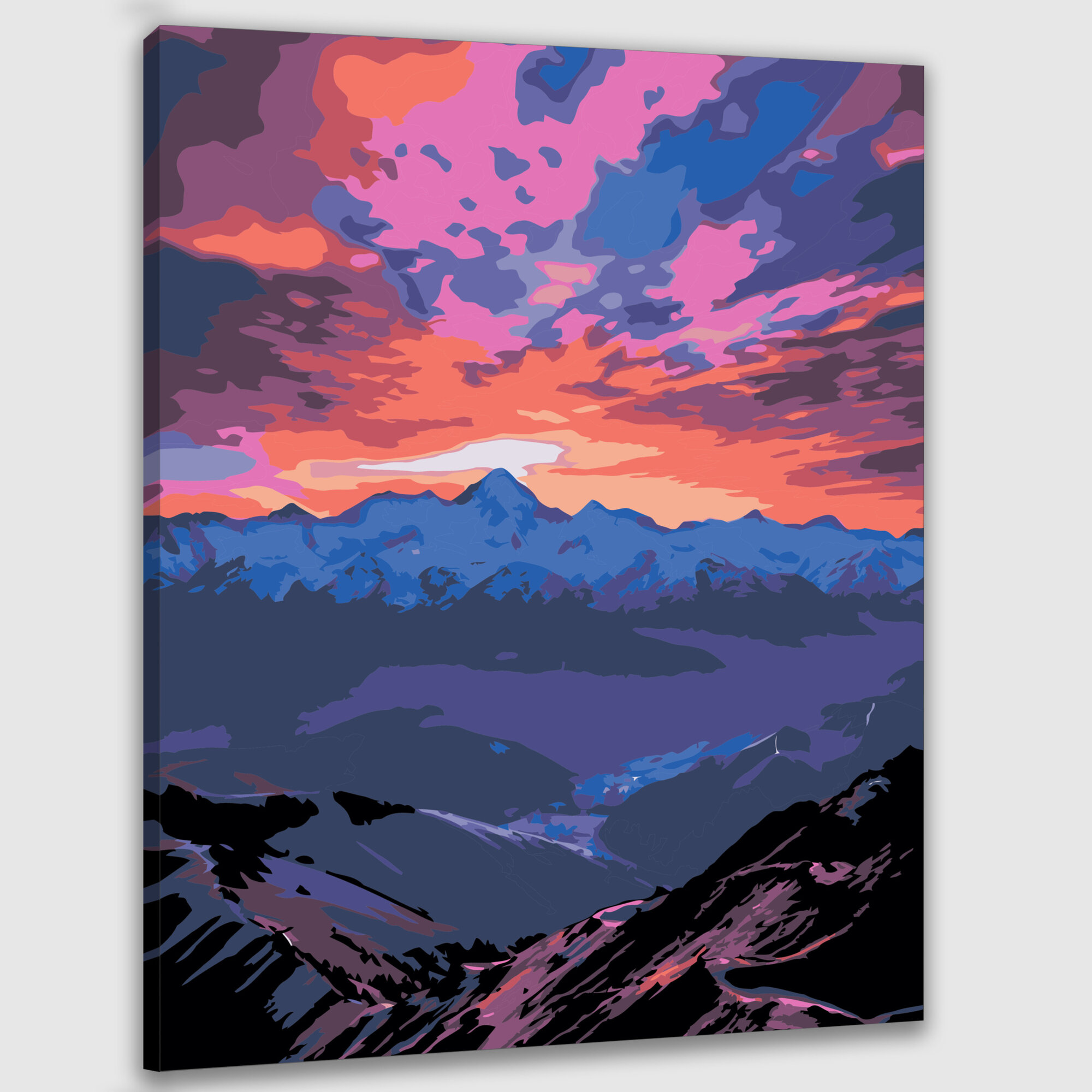 Картина по номерам 40x50 см, закат, горный хребет, небо, цвета, розовый, фиолетовый, темно-синий, солнце, золотой свет