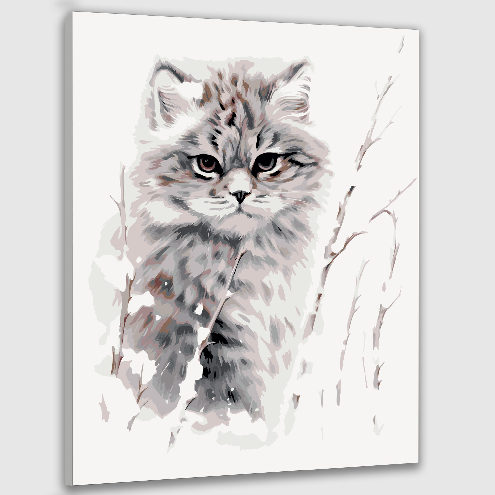 Картина по номерам 40x50 см, манул, зимний лес, карандашный рисунок, мех, выражение лица, монохромная композиция