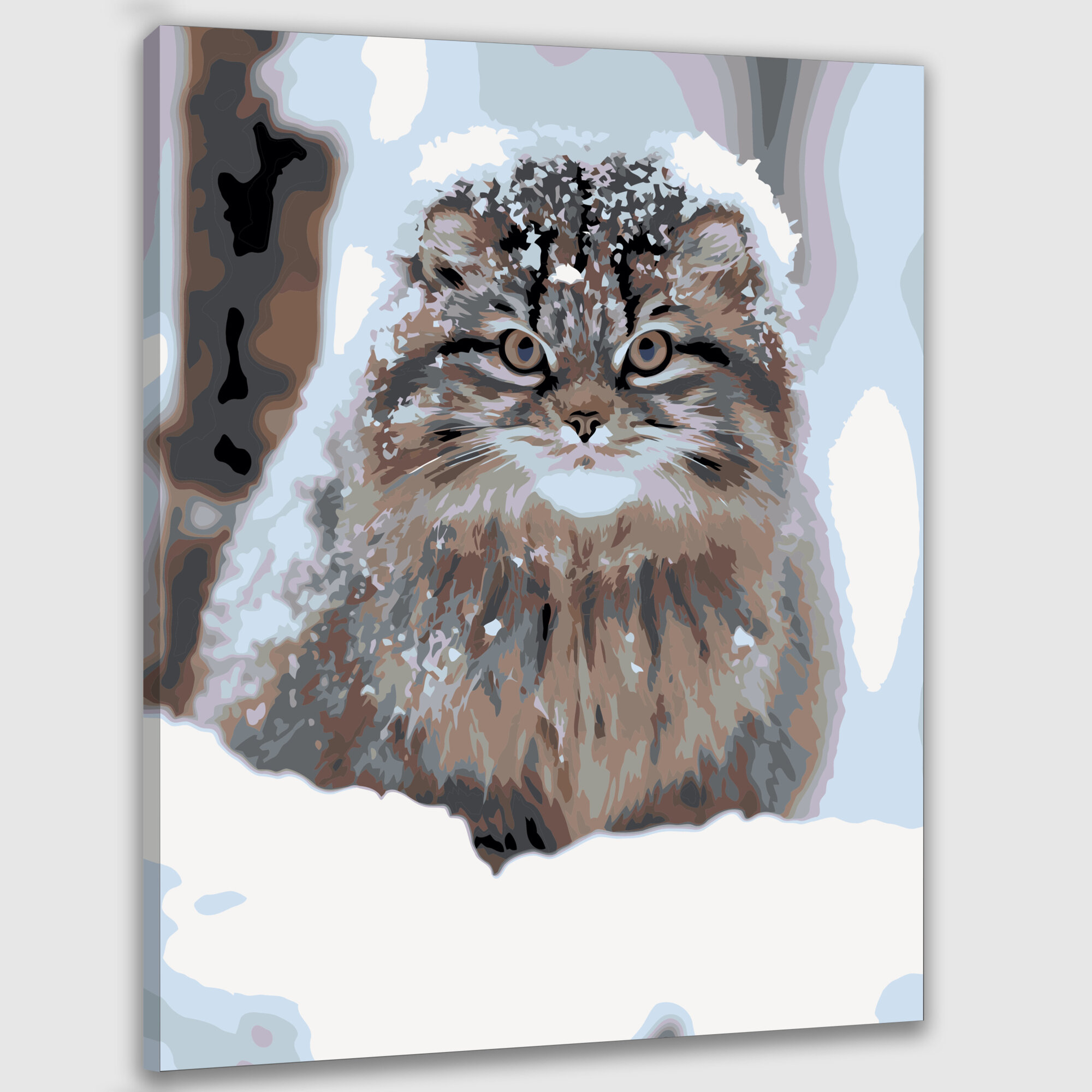 Картина по номерам 40x50 см, манул, мех, заснеженный фон, зимний лес, свет, морда, глаза, отметины, скрытность, ветви