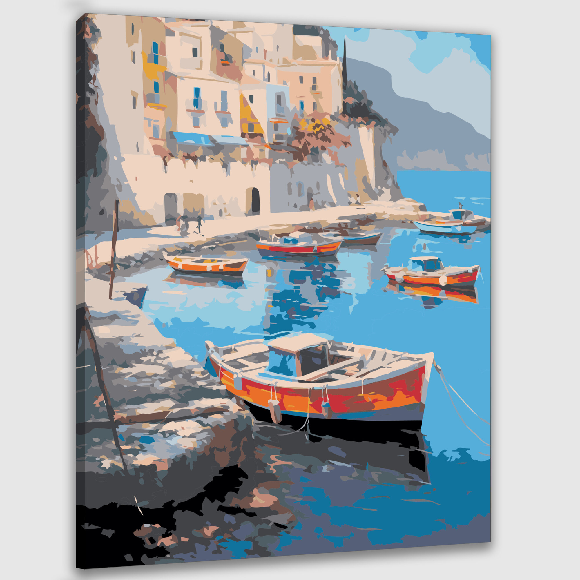 Картина по номерам 40x50 см, картина, масло, итальянские пристани, яхты, рыбацкие лодки, воды, здания, флора, яркие