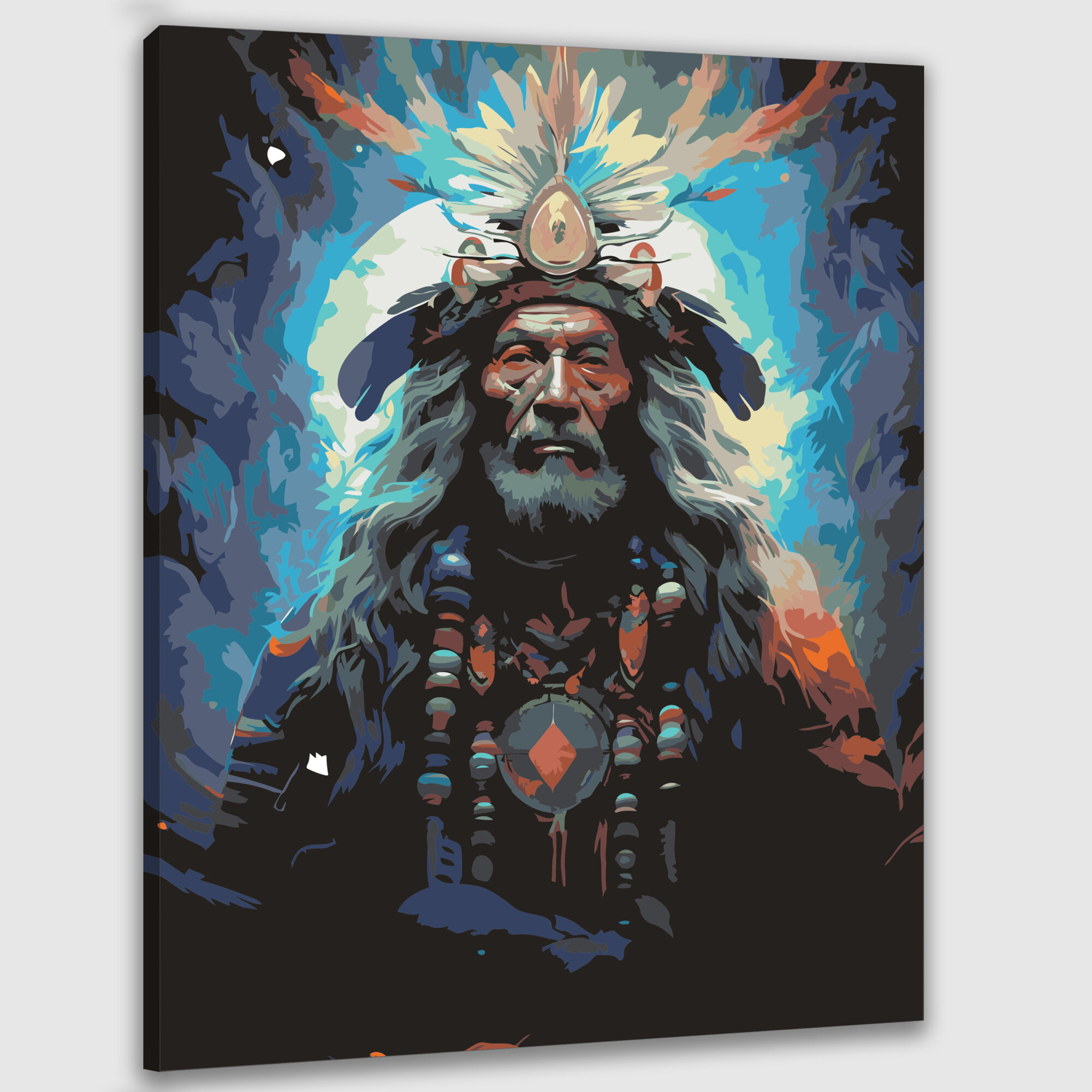 Картина по номерам 40x50 см, шаман, мистический лес, энергии, духи, светящиеся глаза, древняя мудрость