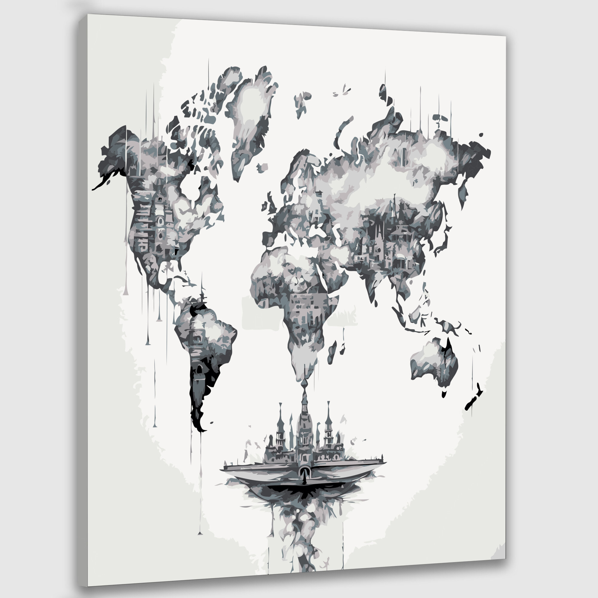 Картина по номерам 40x50 см, карта мира, тушь, линии, детали, континенты, страны, водоемы, путешествия, открытия