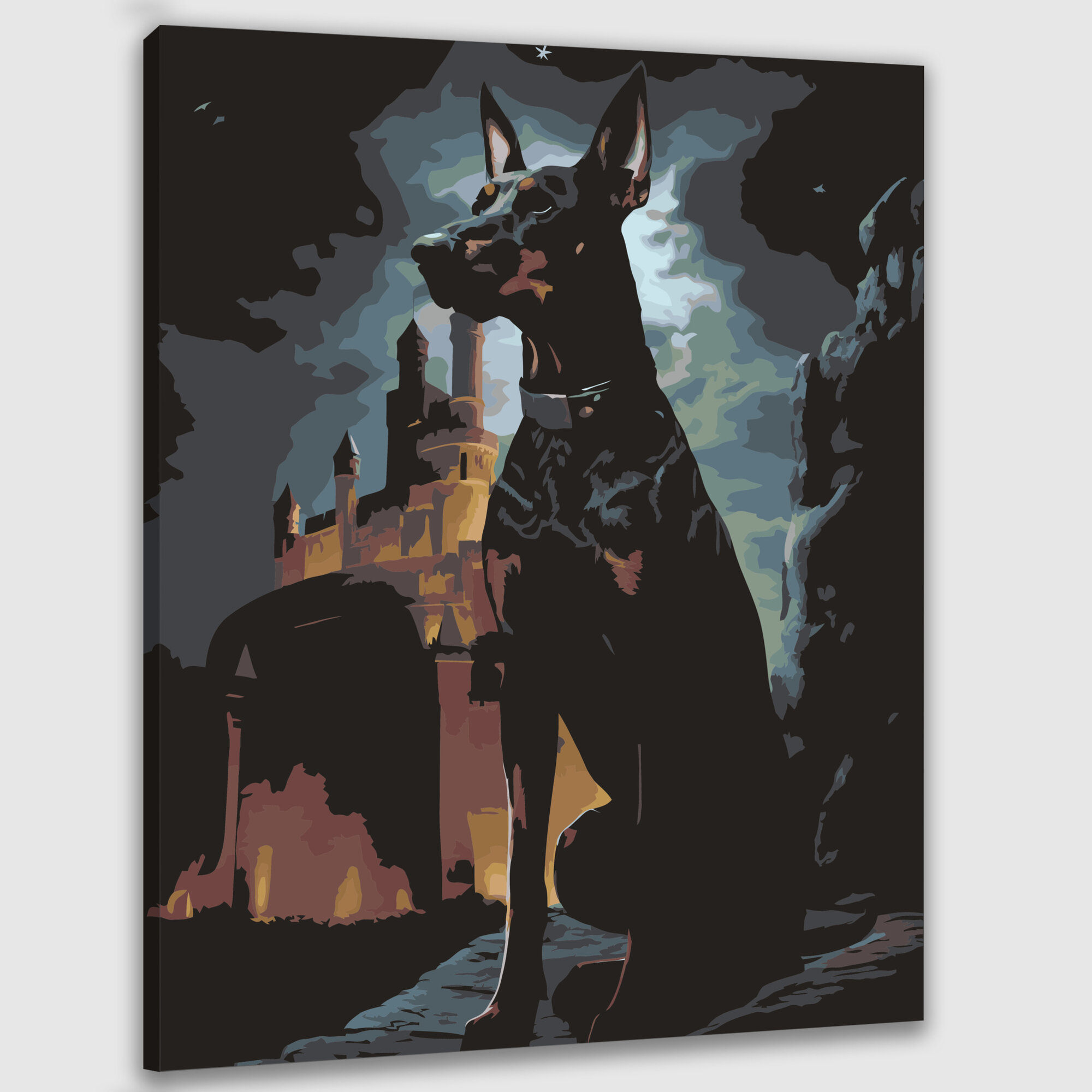 Картина по номерам 40x50 см, цифровая картина, доберман, черная шерсть, лунный свет, руины замка, гордый, сила