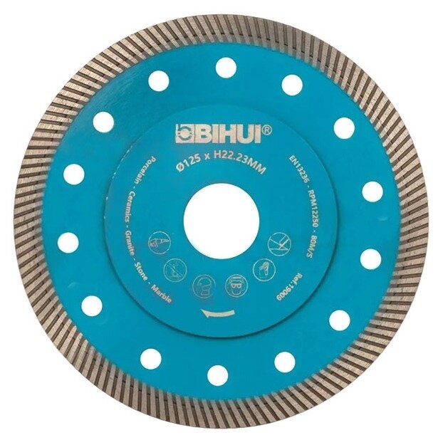 Диск алмазный BIHUI / Бихай SUPER THIN TURBO по керамограниту, сухой и влажный рез, диаметр 125мм, посадочный 22.23мм, рез 1.1мм / расходные материалы и оснастка