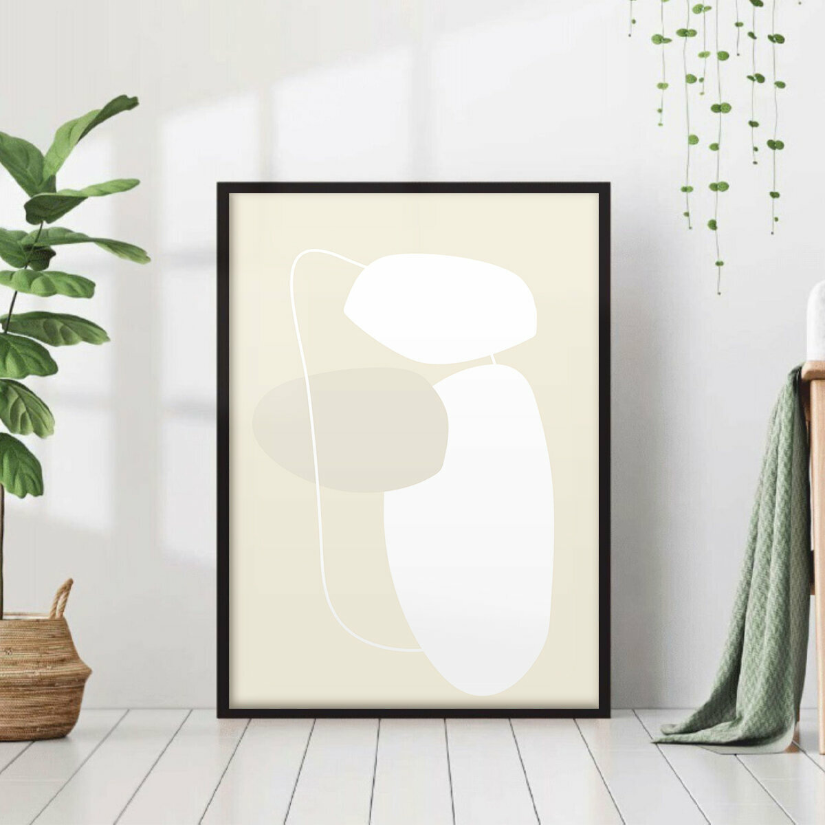 Постер "Абстрактные круги белый и бежевый" 50x70 в черной рамке на стену для интерьера