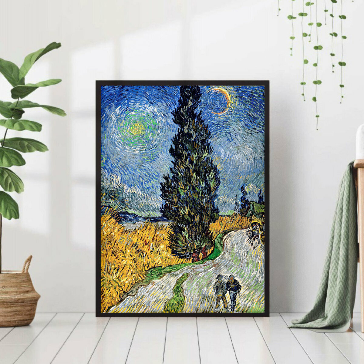 Постер " Репродукция Дорога с кипарисом и звездой Ван Гог" 50x70 в черной рамке для интерьера на стену