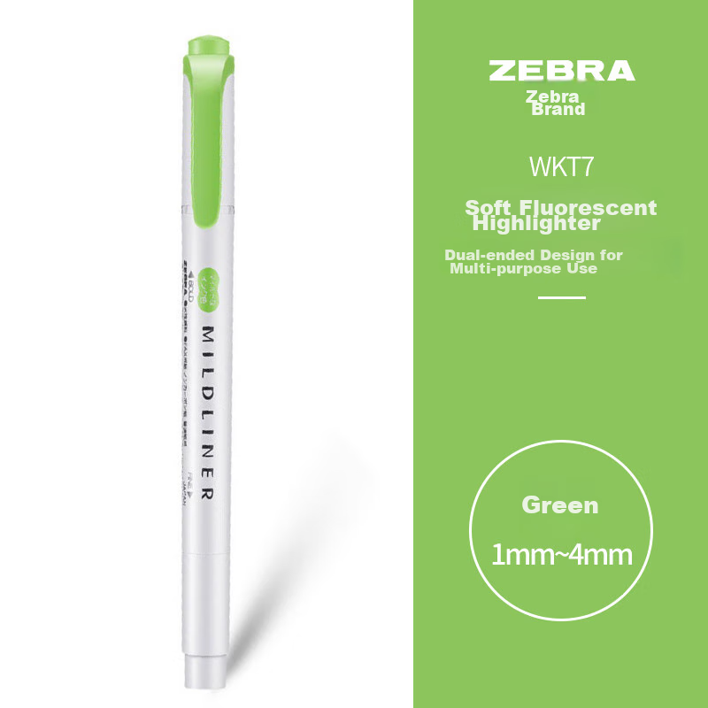 ZEBRA Double-Ended Soft Highlighter, Mildliner Series Single Color Marking Pen, Student Marker, WKT7, Soft Green