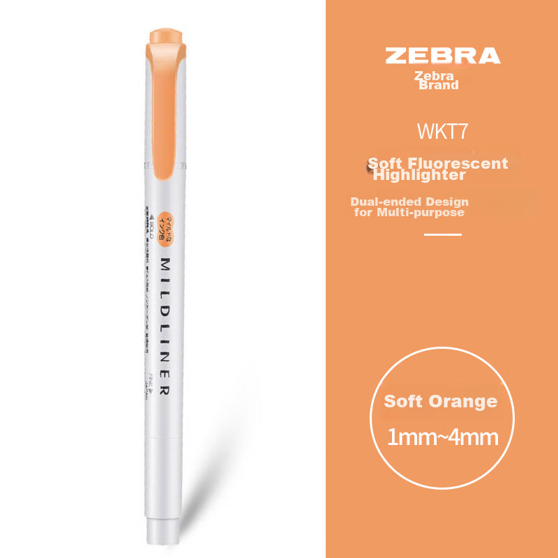 ZEBRA Double-Ended Soft Highlighter, Mildliner Series Single Color Marking Pen, Student Marker, WKT7, Soft Orange