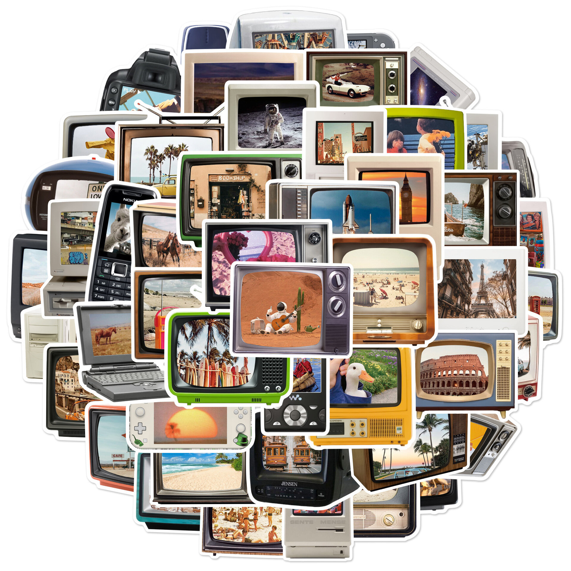 Набор из 50 ретро-наклеек для путешествий на экран телевизора. Винтажные виниловые наклейки с живописными видами на телевизоры и мониторы. Водонепроницаемые эстетичные наклейки для ноутбука, планшета, журнала, чемодана, альбома.