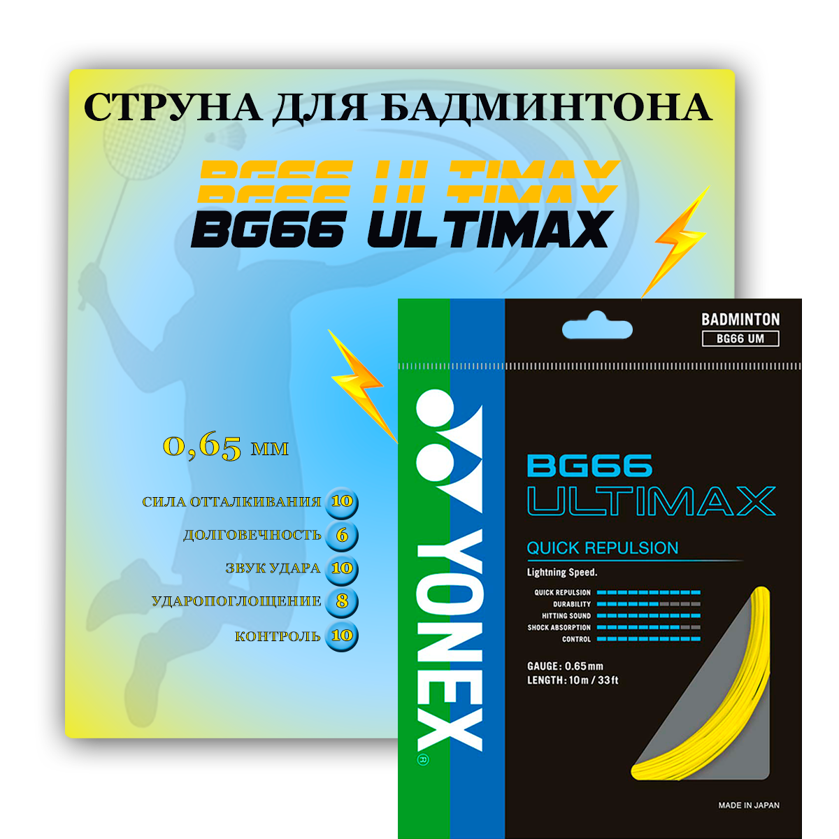 Струна YONEX BG66 ULTIMAX, для бадминтона, желтая, длина 10 м, ширина 0,65 мм, 1шт