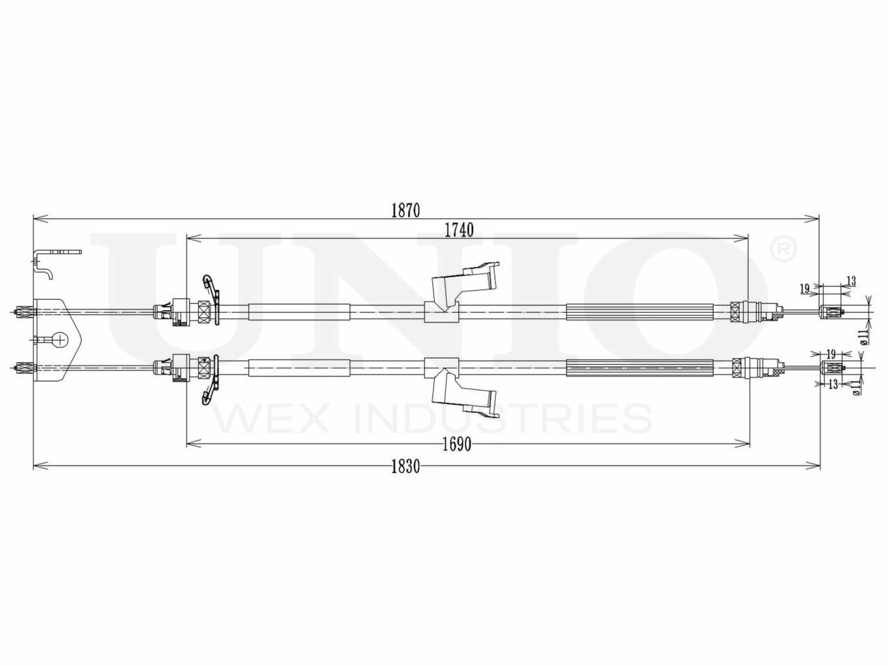 Трос стояночного тормоза, для Форд Фокус II 04-, Симакс 07-, 03-, Ford Focus C-Max 03-, артикул CAB-60055 производителя UNIO