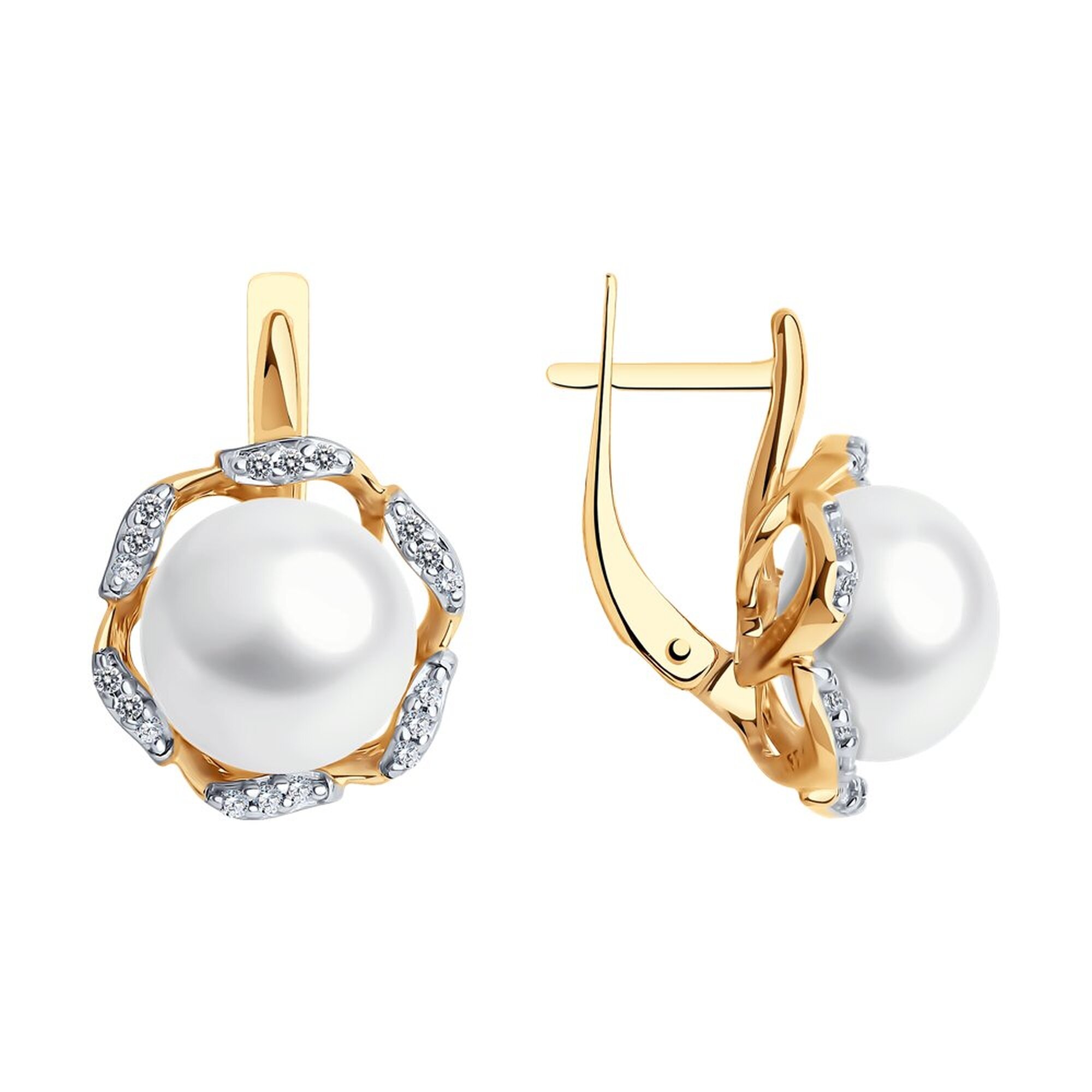 Серьги, серебро, 925 проба, золочение, жемчуг, фианит