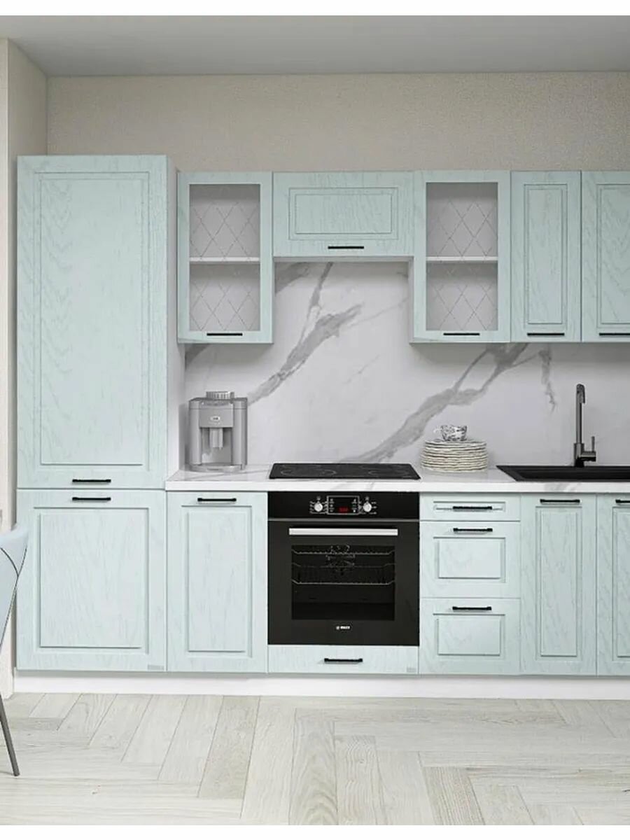 Кухонный гарнитур Шервуд 2.6 м, мебель для дома и кухни, Белый / Деним голубой со стеклом