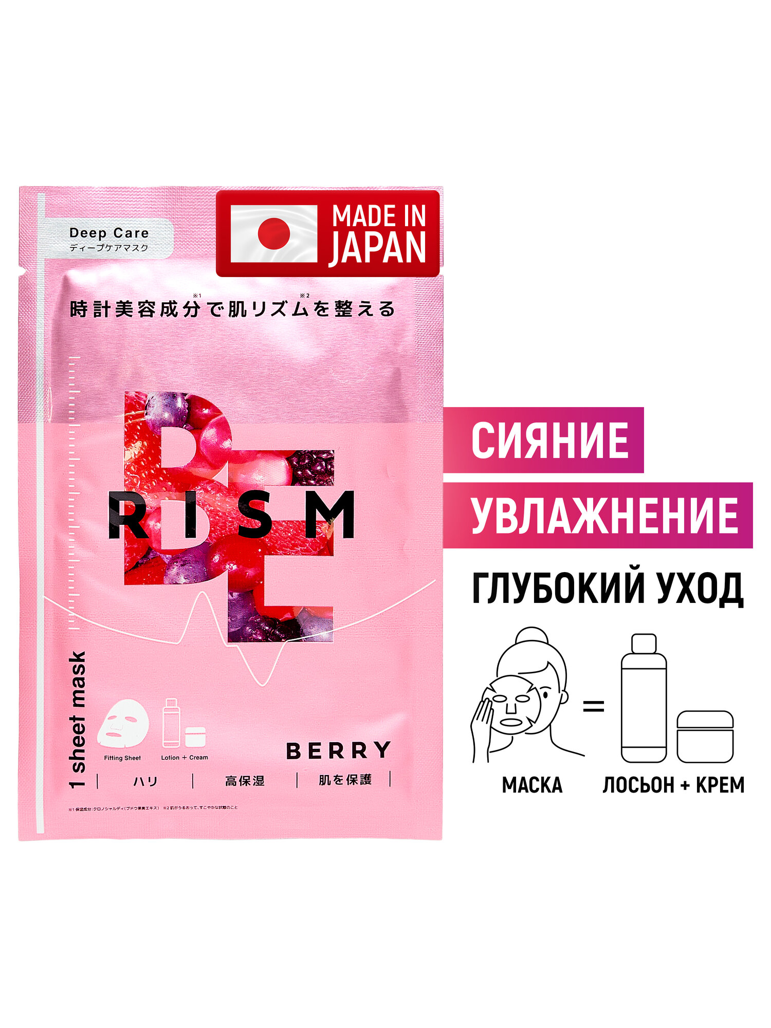 RISM Японская маска для лица тканевая / Сияние + Увлажнение кожи / с экстрактом черники и коллагеном - 1 шт