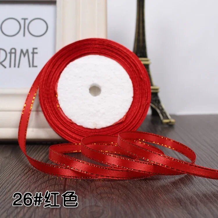 Атласные ленты Wusmart 6 мм, золотые края, 25 ярдов Красный, Red