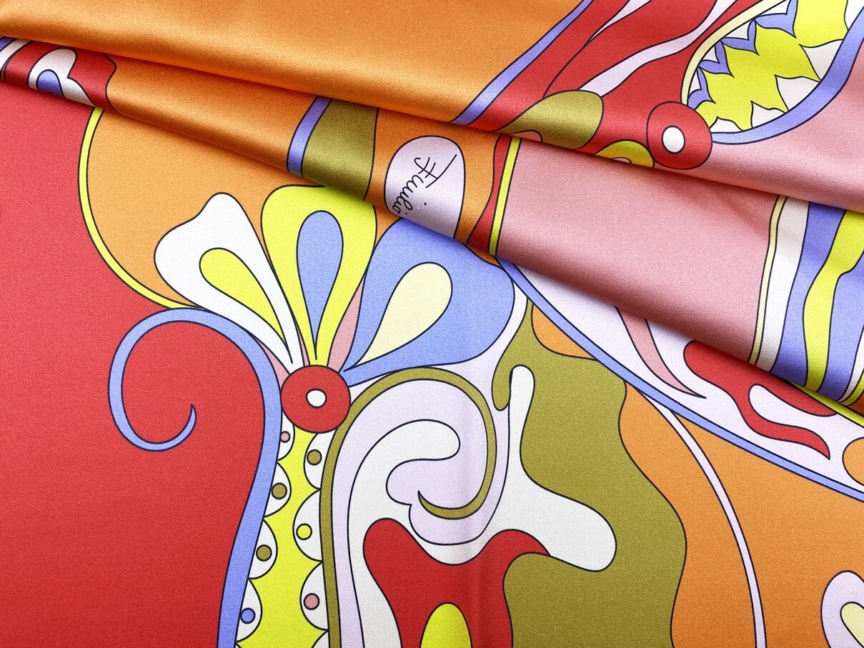 Ткань Шёлк атласный красного цвета с принтом абстракция 46741