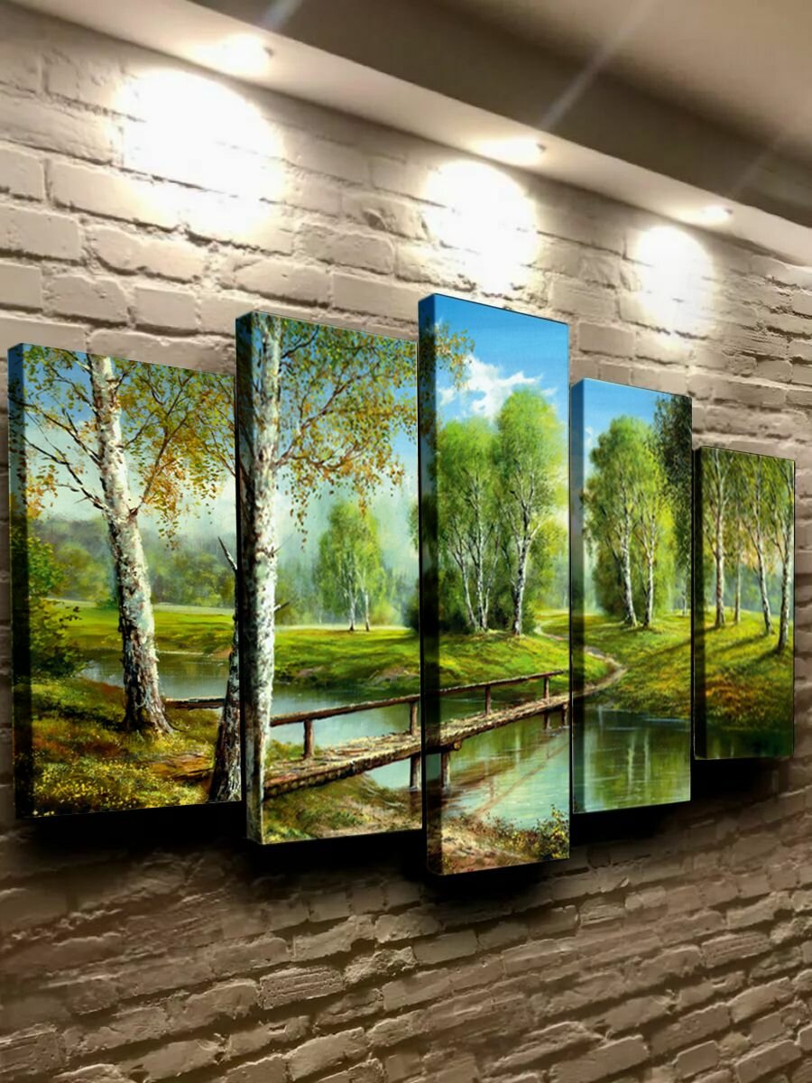 Картина модульная на стену modul007 для интерьера 140х80 см из 5 модулей "Мост в березовой роще" декор для комнаты