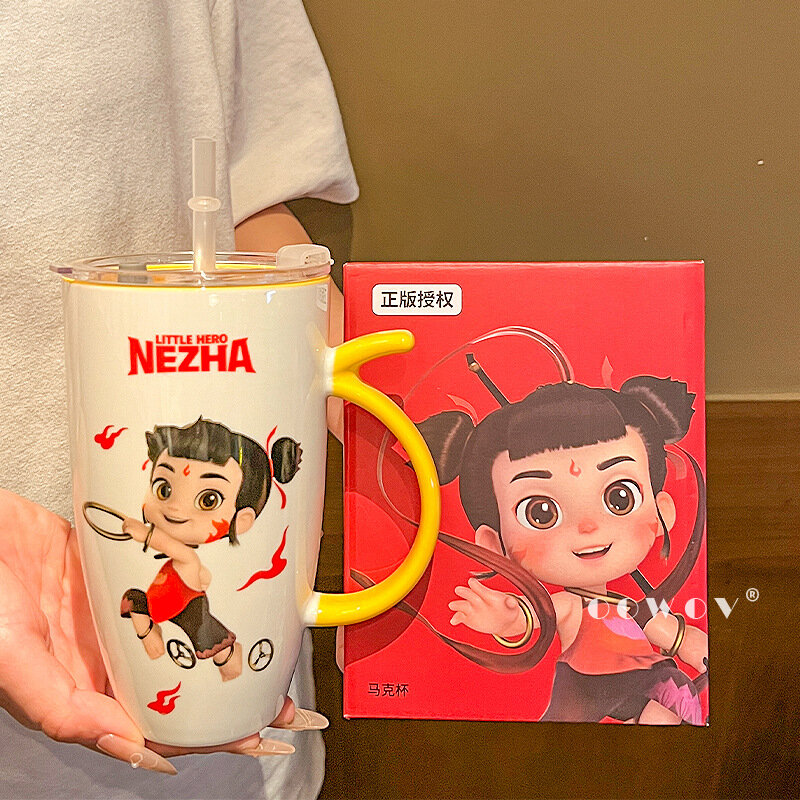 Новая симпатичная керамическая кружка Nezha с трубочкой, чашка для молока и воды, большая емкость, кружка с трубочкой и крышкой, офисная кружка для воды