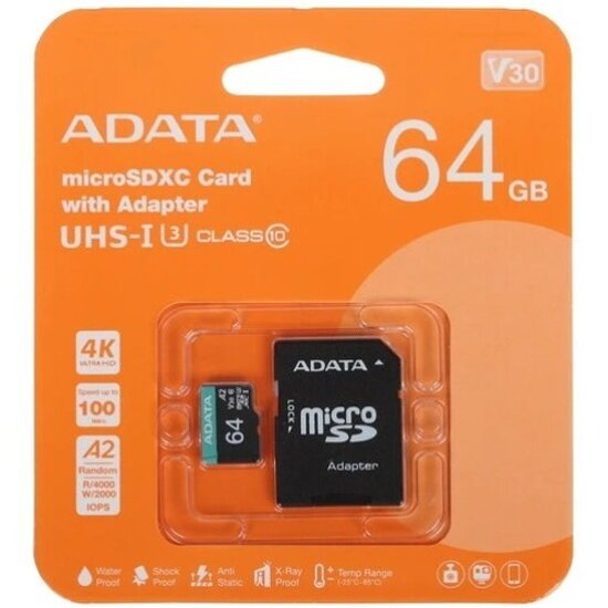 Карта Памяти microSDXC 64Gb Adata Premier Pro UHS-I U3 V30 A2 + ADP (100/80 Mb/s)