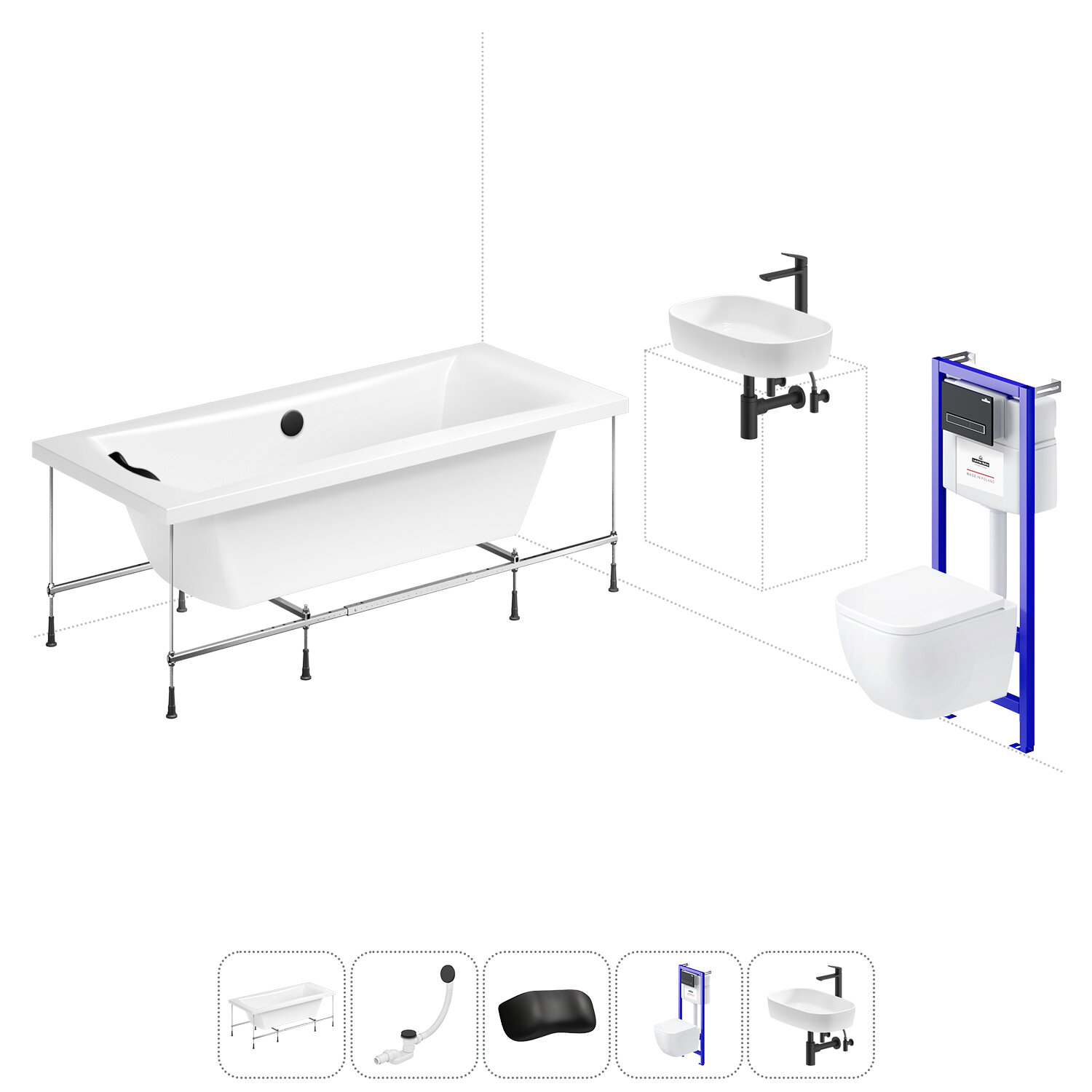 Акриловая ванна 180x80 с каркасом Lavinia Boho Evan 20221295R в наборе 6 в 1: ванна, ножки, слив-перелив, подголовник, унитаз в комплекте, раковина в комплекте