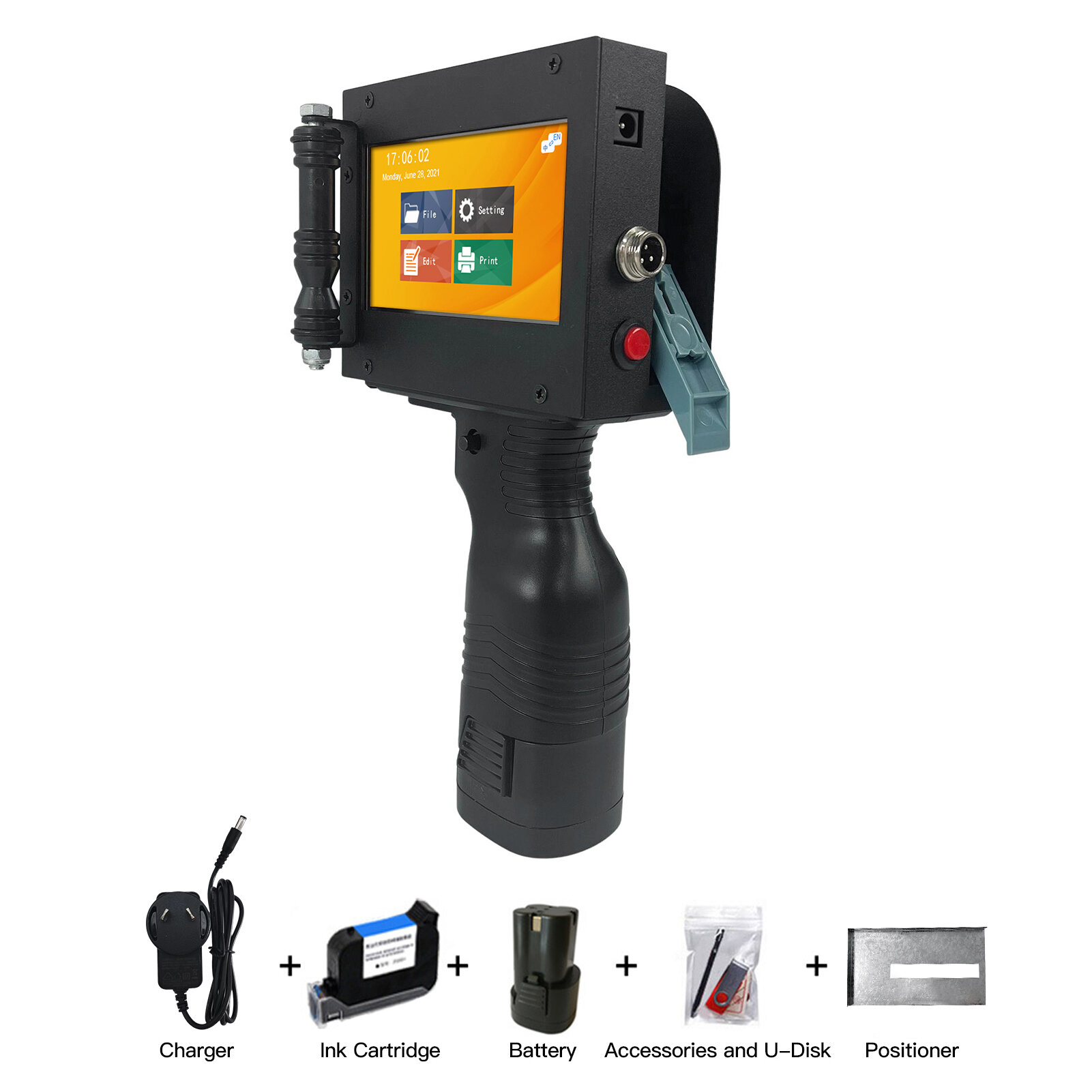 Handheld Printer Portable Inkjet High Definition Code with 4.3 Inch LED Touchscreen Quick-Drying Ink Cartridge for Label/Production Date/Barcode/Trademark/Logo/Graphic etc.