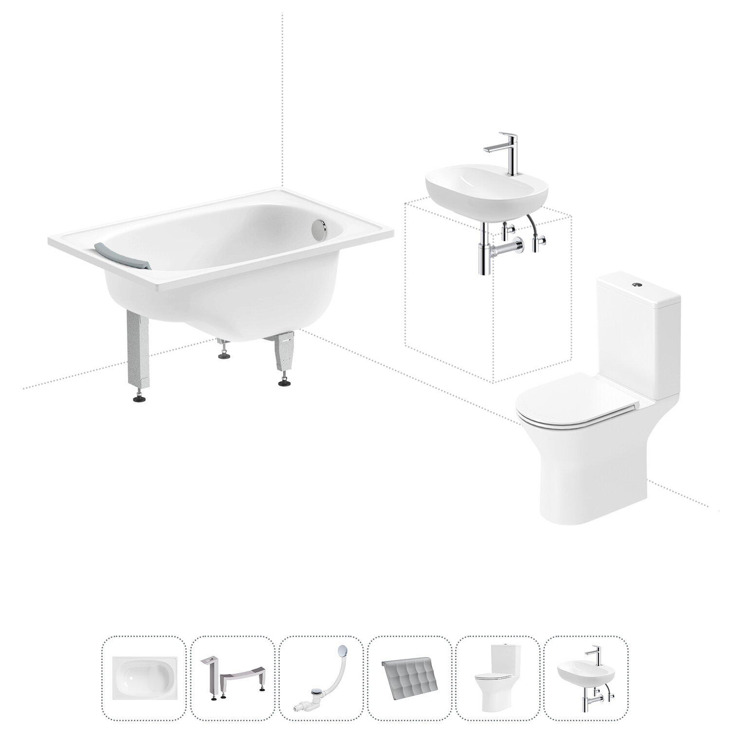 Стальная ванна 105х70 Sanitana BLB Europa Mini 20220553R в наборе 6 в 1: металлическая ванна 105 х 70 см с сиденьем, ножки, слив-перелив, подголовник, унитаз, раковина с комплектом для подключения