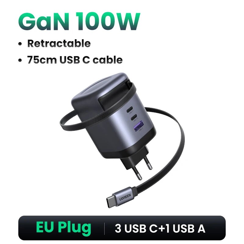 【Ровспродажа】UGREEN Зарядное устройство GaN 100 Вт/65 Вт/45 Вт с выдвижным кабелем USB C для ноутбука Macbook Pro iPad Tablet iPhone 17 16 Samsung GaN 100W EU