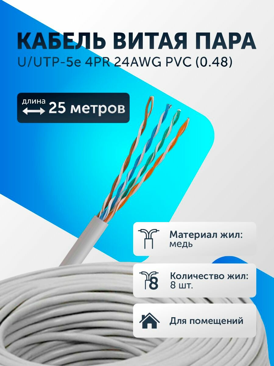 Витая пара кабель U/UTP 4 пары 8 жил 24 AWG PE Cu CAT 5e (0.48) Медь UTP интернет кабель сетевой 25 метров