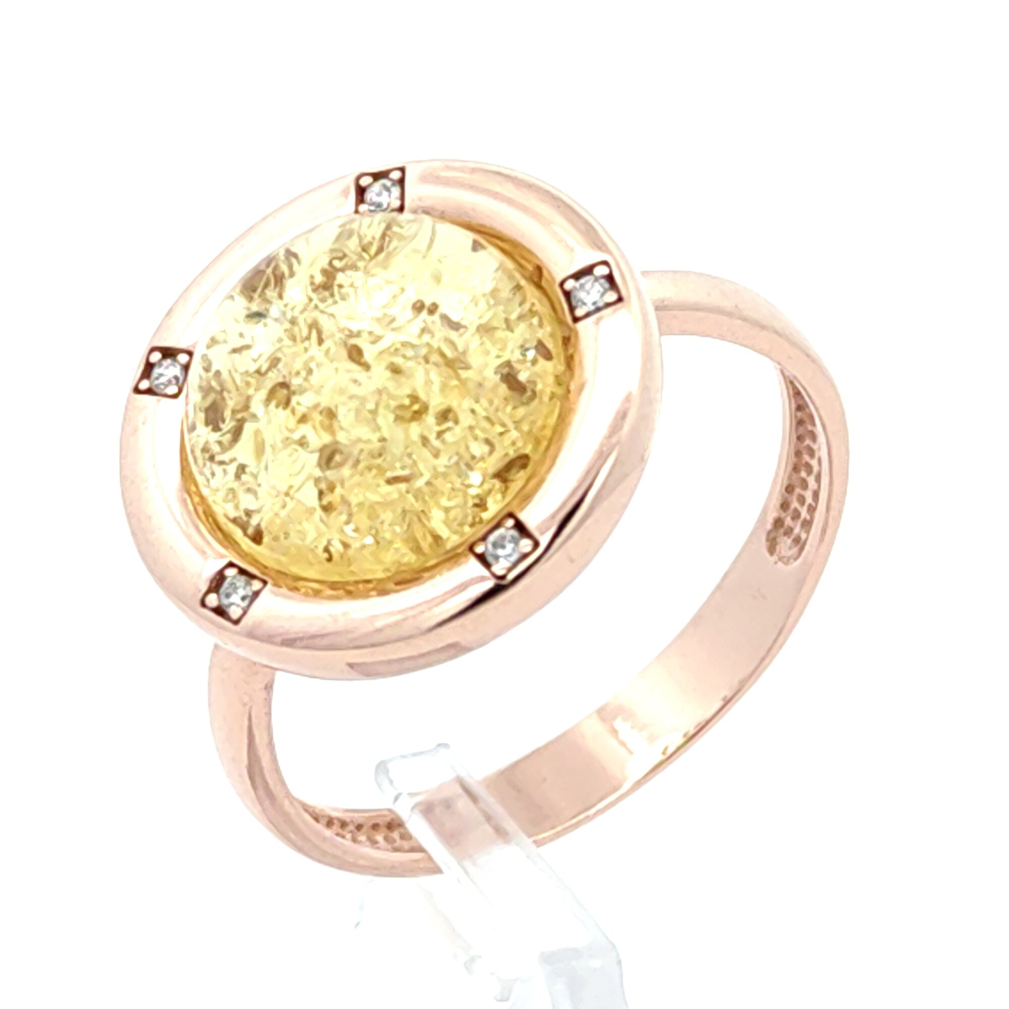 Кольцо, серебро, 925 проба, золочение, фианит, янтарь