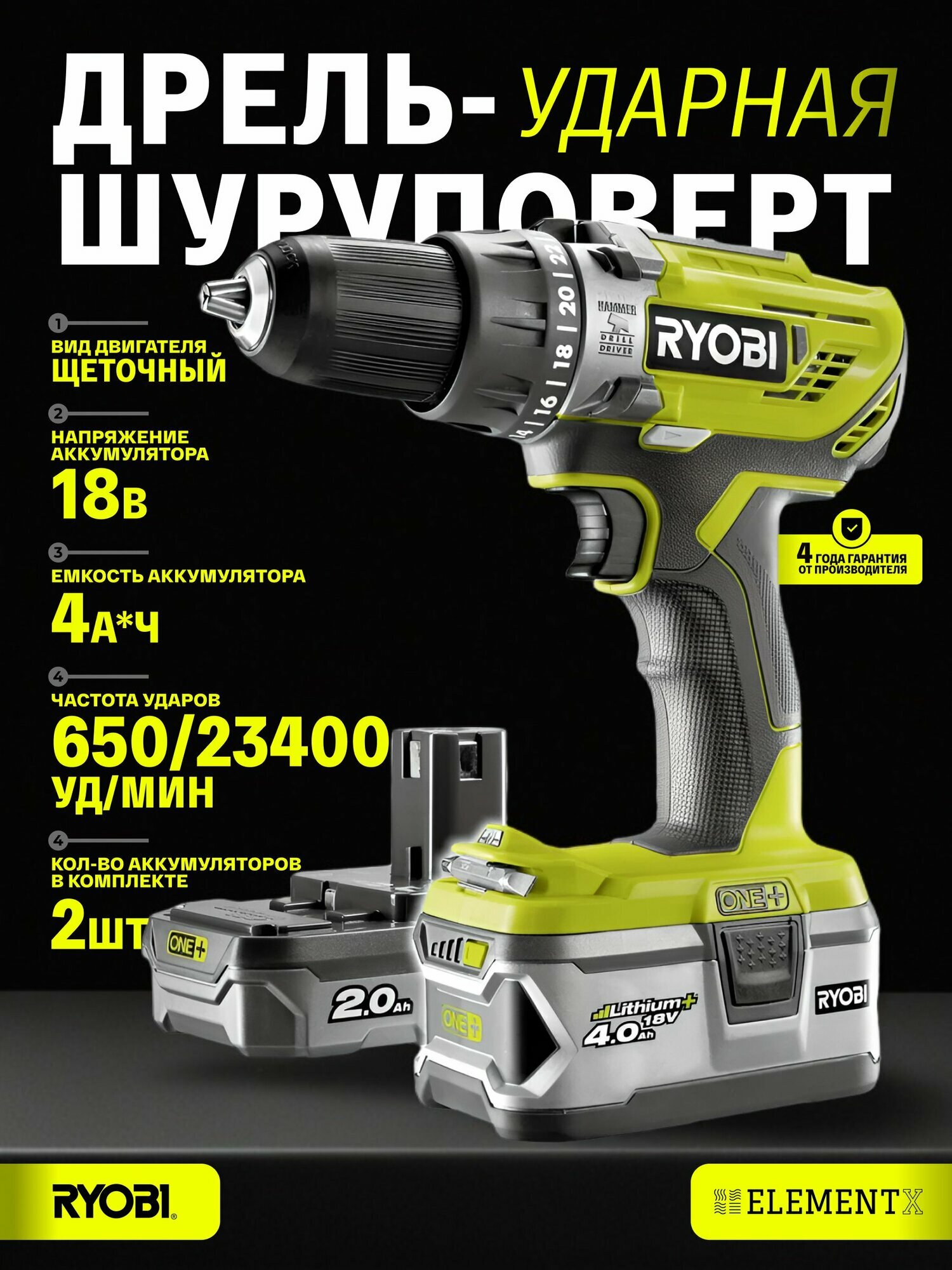 Ударная дрель-шуруповерт Ryobi ONE+ R18PD3-242S 5133003820