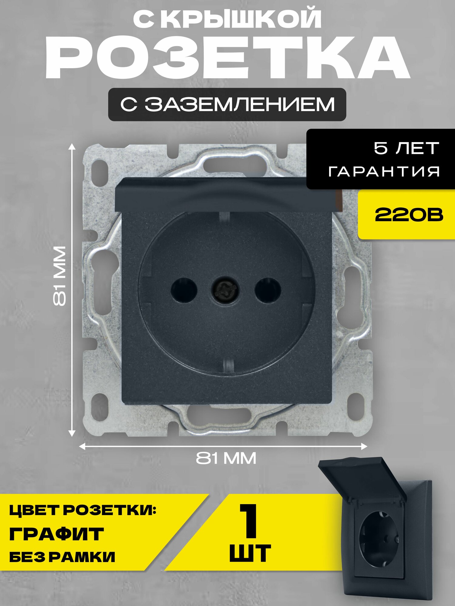 Розетка одинарная с заземлением с крышкой без рамки графит Metronex-Electric Grafit