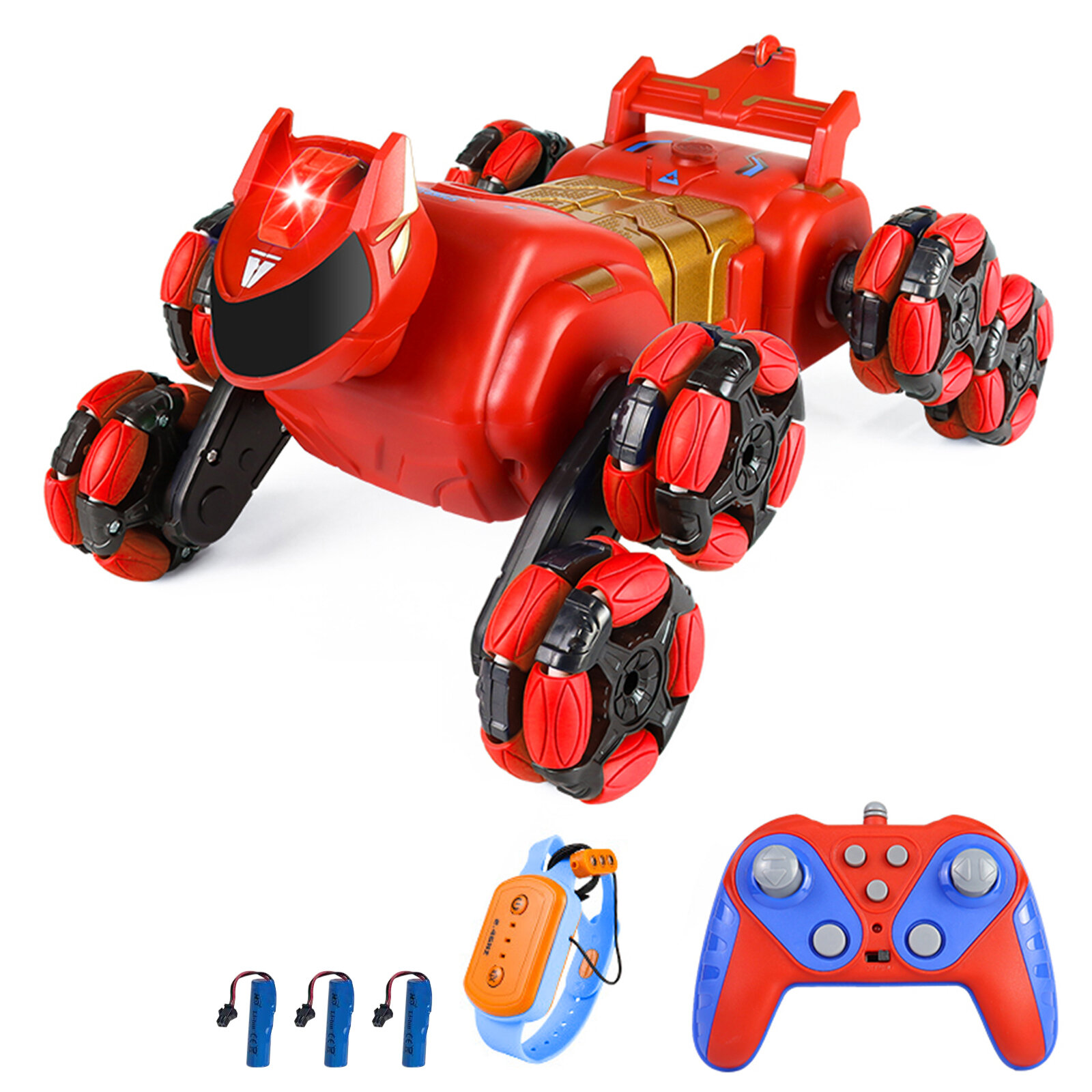 Управляемая дистанционно машина, 2.4G жестовое сенсорное спрейное трюковое транспортное средство электрическая игрушка с светодиодным светом музыкой 3 батарейки, подарки на день рождения для мальчиков и девочек, красный, 26*16*14см, 1шт, ABS, электронные