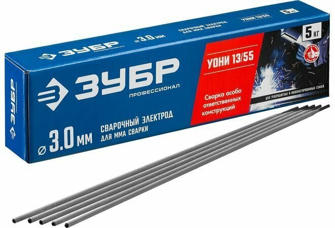 ЗУБР электрод сварочный УОНИ 13/55 с основным покрытием, для ММА сварки, d 3.0 х 350 мм, 5 кг в коробке, Профессионал.